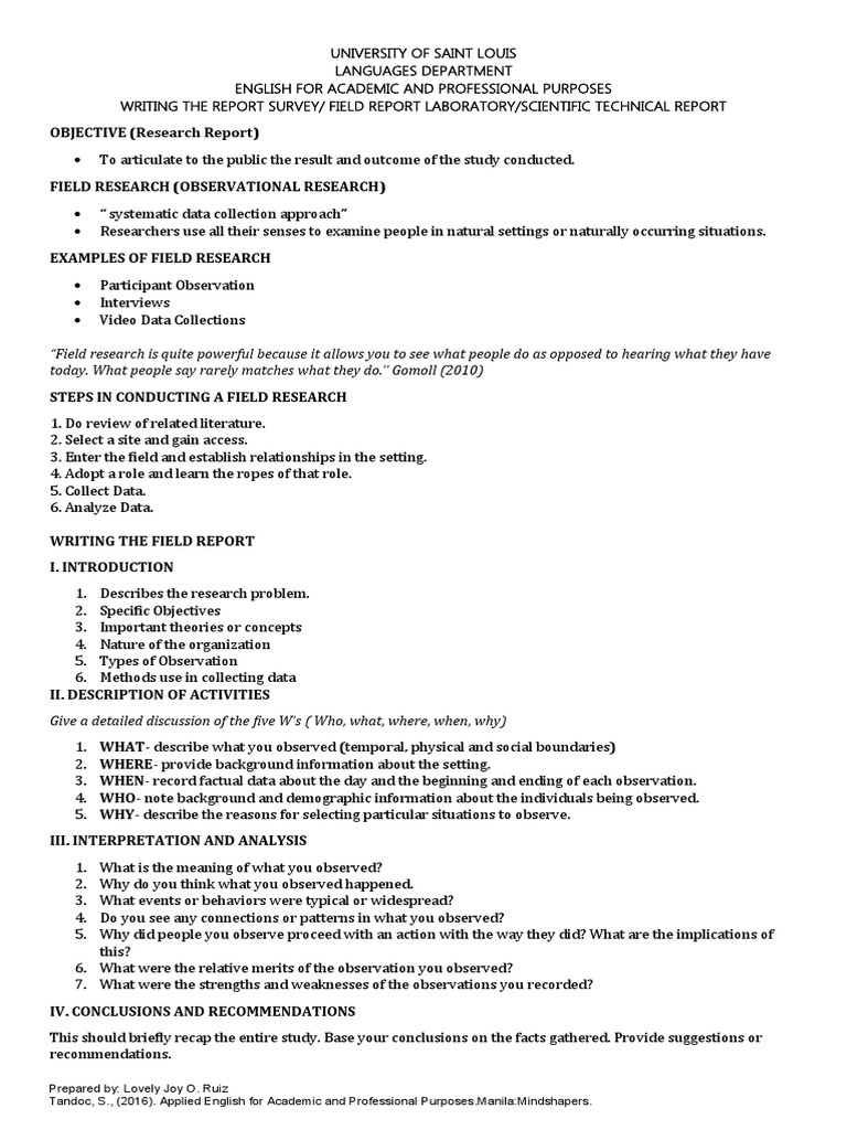 Guidelines for Writing Field Reports Based on Observational Research ...