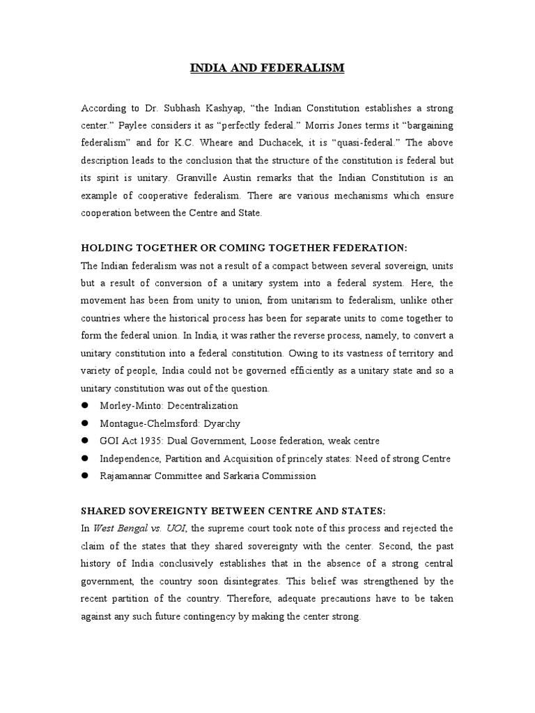 India and Federalism: Holding Together or Coming Together Federation ...