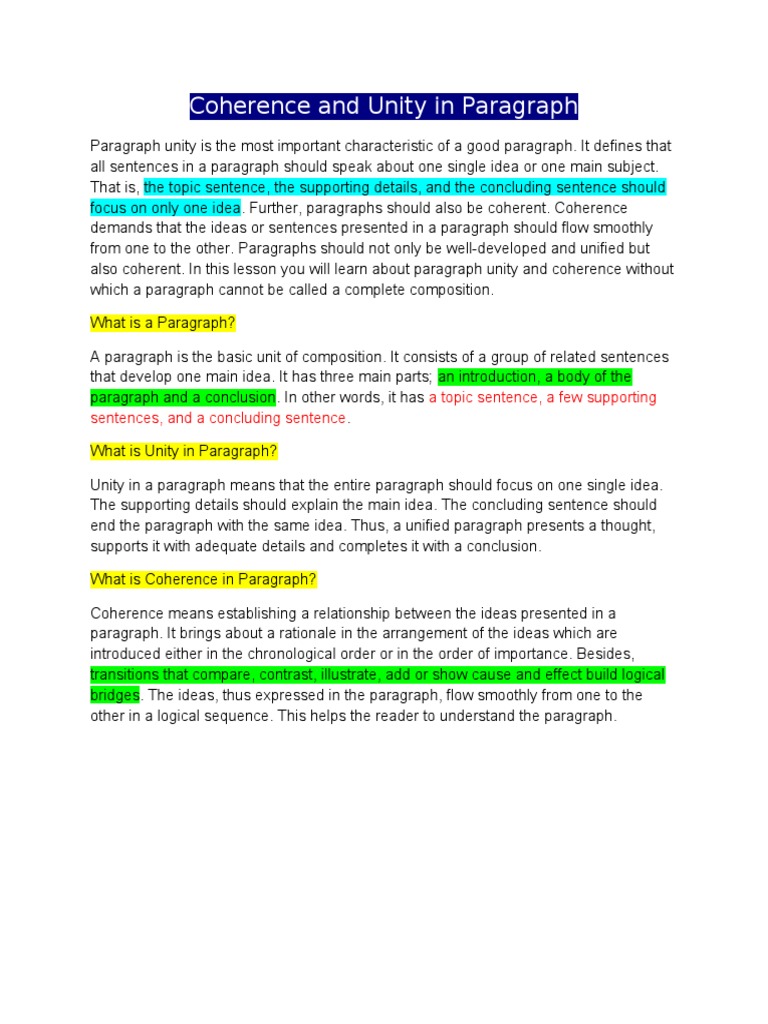 Coherence and Unity in A Paragraph | Download Free PDF | Paragraph ...