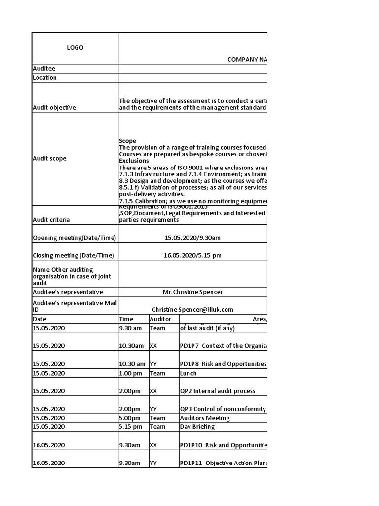Audit Plan Template | PDF | Iso 9000 | Audit