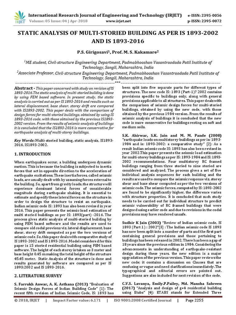 Static Analysis of Multi-Storied Building As Per Is 1893-2002 AND IS ...