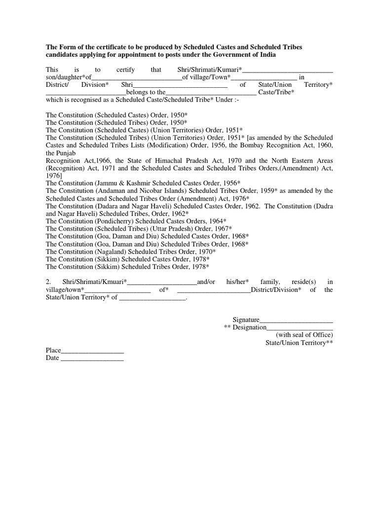 SC/ST Caste Certificate Format Guide | PDF | Caste | Government Of India