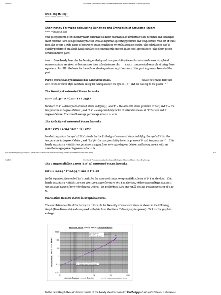 Saturated Steam Density and Enthalpy Formulas | PDF | Enthalpy | Density