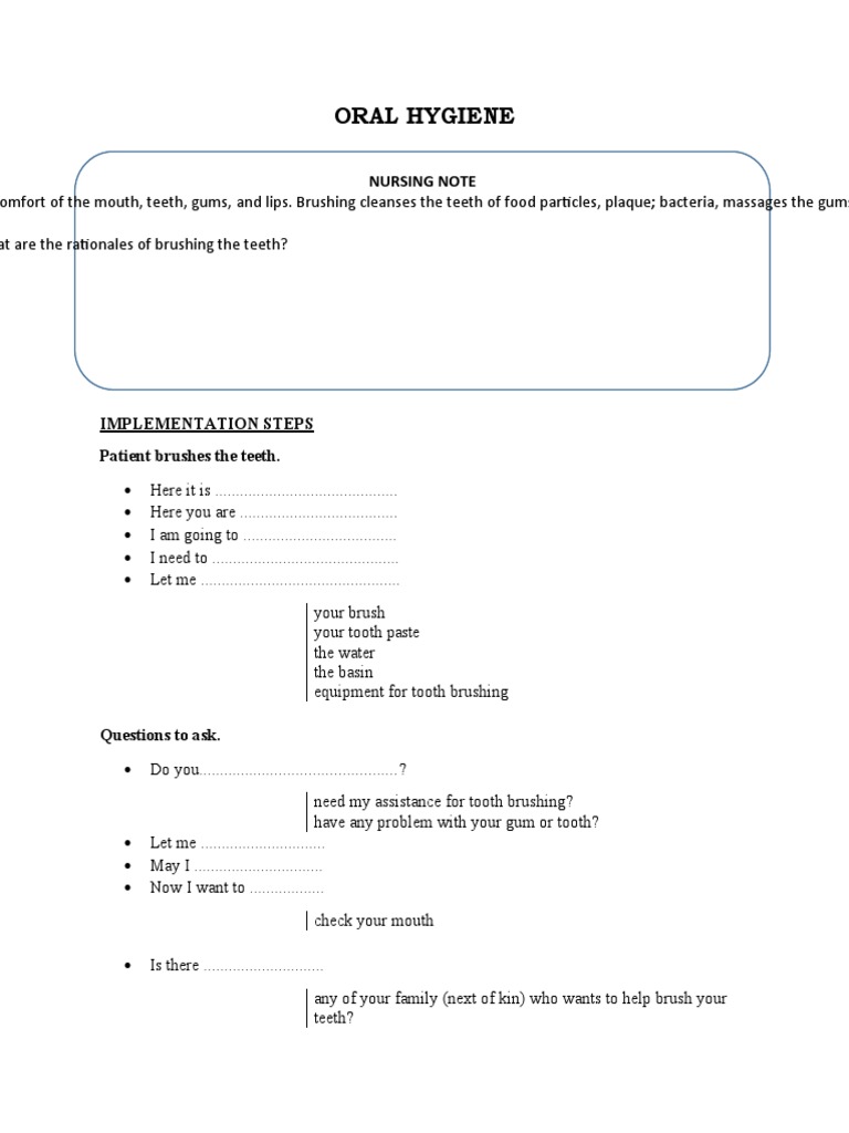 Oral Hygiene: Nursing Note | Download Free PDF | Toothbrush | Human Tooth
