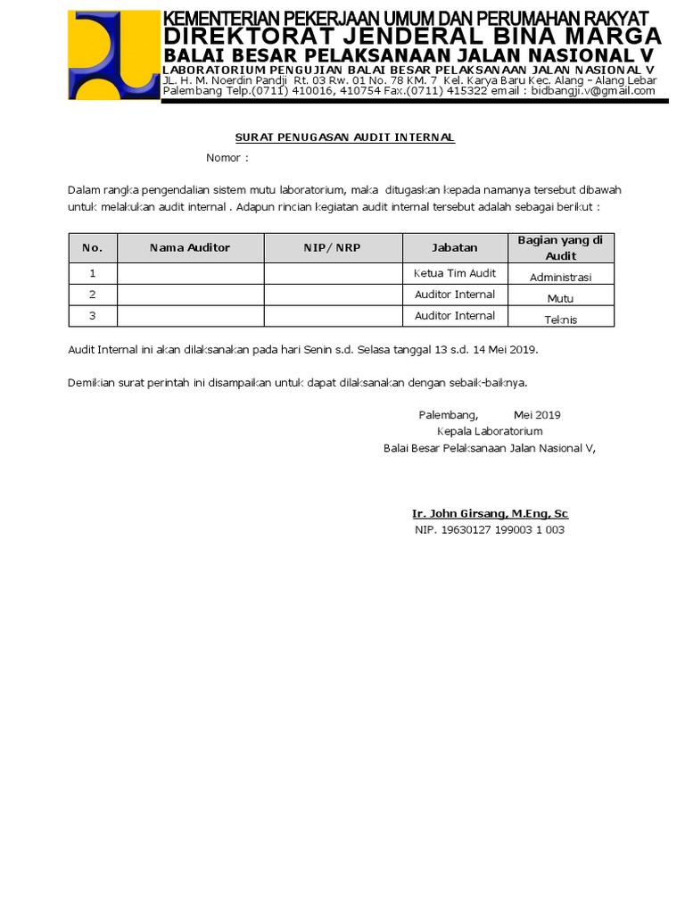Surat Penugasan Audit Internal 2019 | PDF Surat Penugasan Audit Internal 2019 | PDF