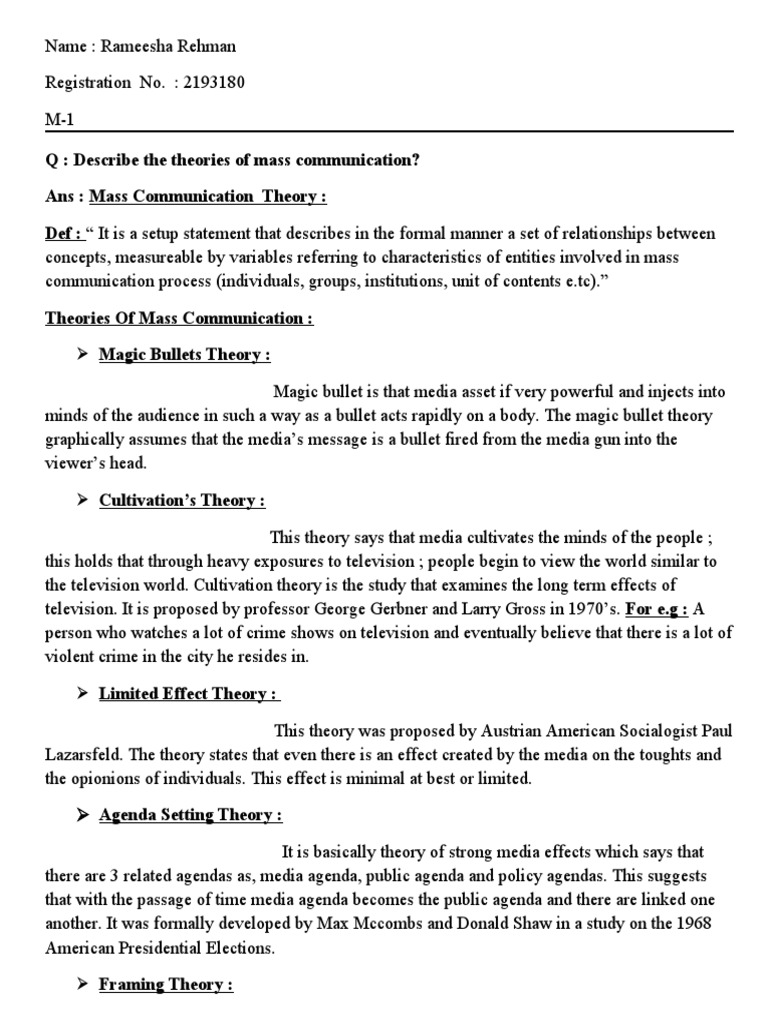 Overview of Mass Communication Theories | PDF | Framing (Social ...