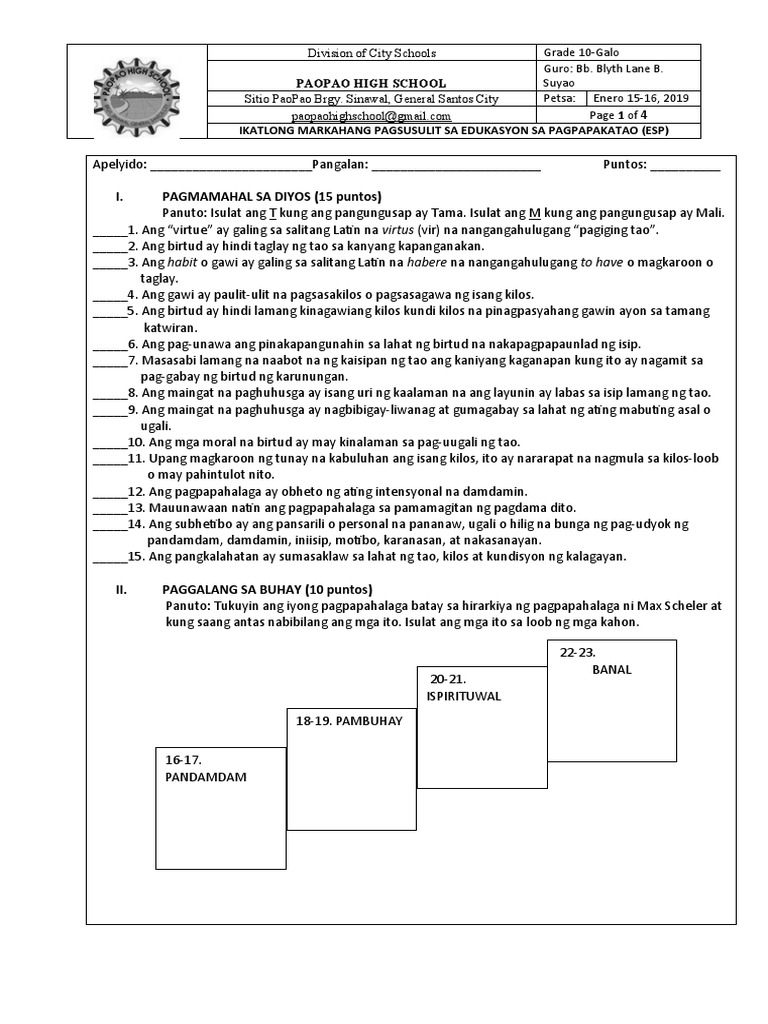 Ikatlong Markahang Pagsusulit Sa Esp 10 | PDF