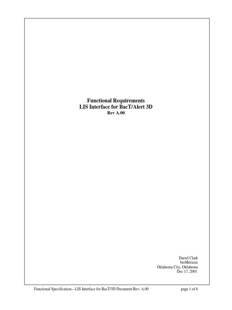 Functional Requirements LIS Interface BacT/Alert 3D | PDF | Interface (Computing ...