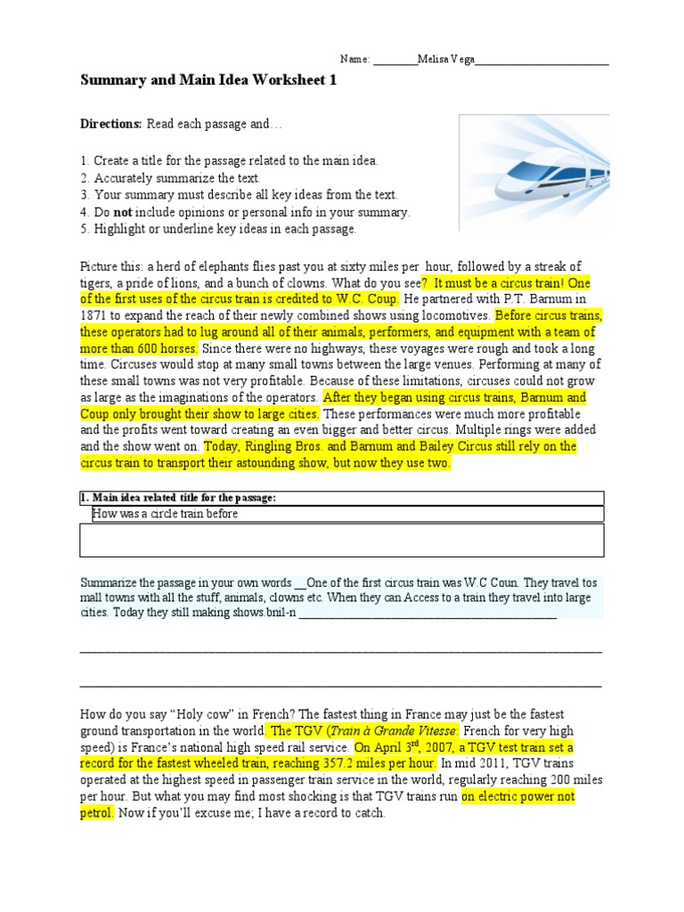 Summary and Main Idea Worksheet 1: Directions: Read Each Passage and ...