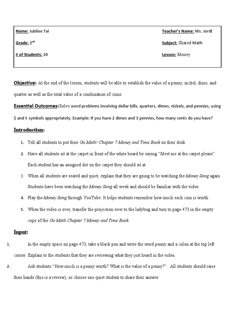 Final Lesson Plan | PDF | Penny | Nickel (United States Coin)