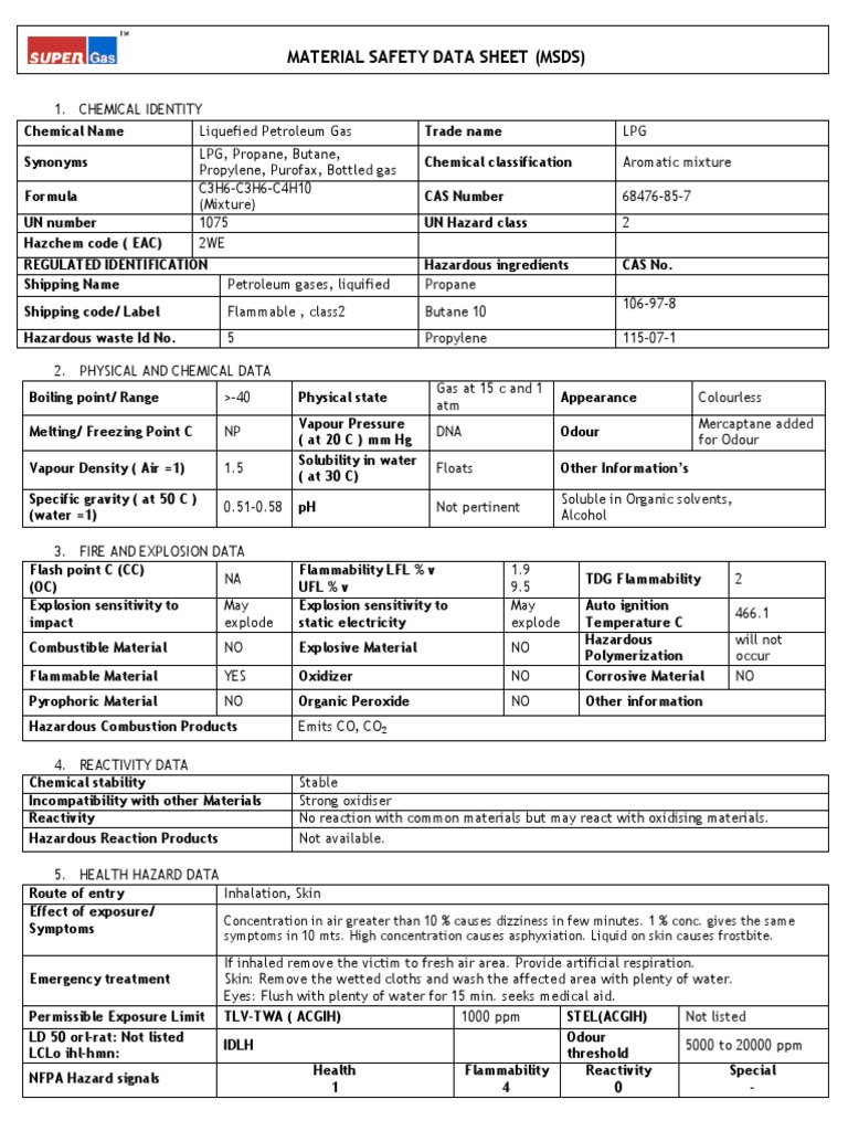Safety-Super Gas - LPG MSDS PDF | PDF | Liquefied Petroleum Gas | Explosion