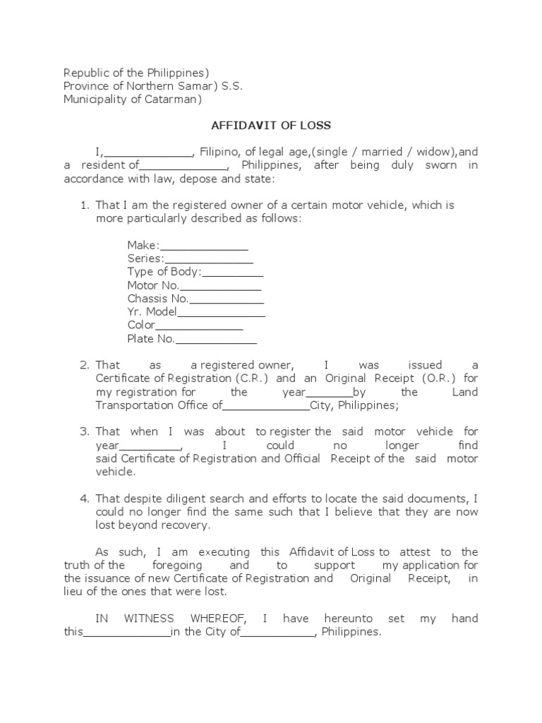 Affidavit of Loss OR CR of Motor Vehicle | PDF