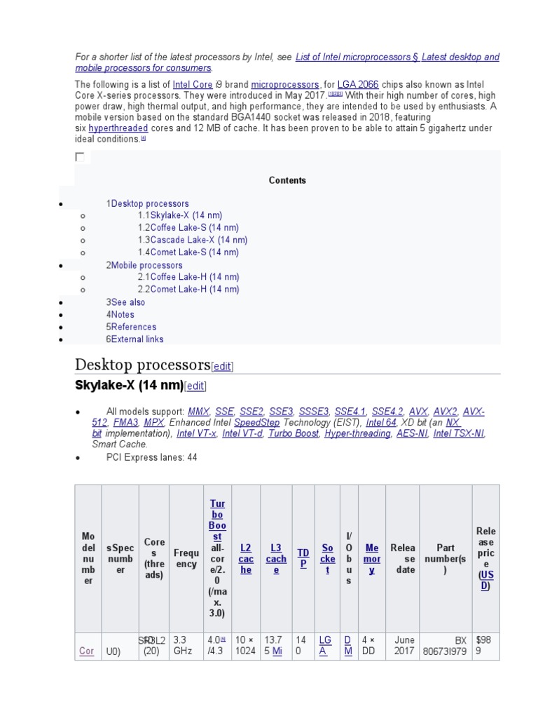 List of Intel Core I9 Microprocessors | PDF | Microprocessor | Computer ...