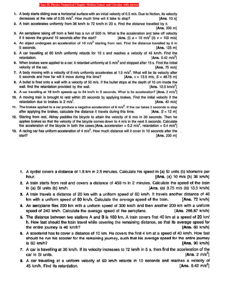 Class Ix Physics Numerical Chapter Motion Linear and Circular With ...