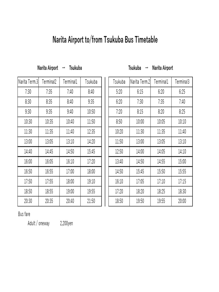 Narita Airport To/from Tsukuba Bus Timetable | PDF