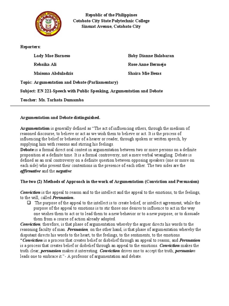 Report on Argumentation and Debate Techniques focusing on Conviction ...