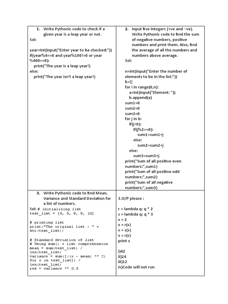Write Pythonic Code To Check If A 2 Input Five Integers Ve And Ve Pdf Variance
