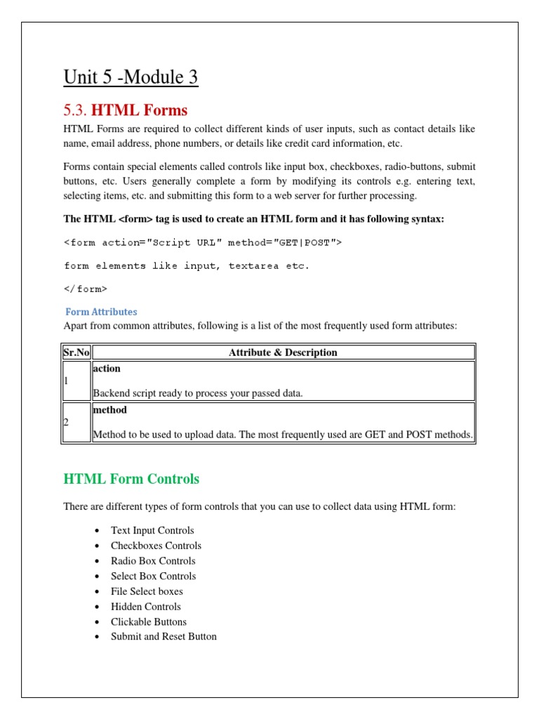 Unit 5 - Module 3: 5.3. HTML Forms | PDF | Html | Html Element