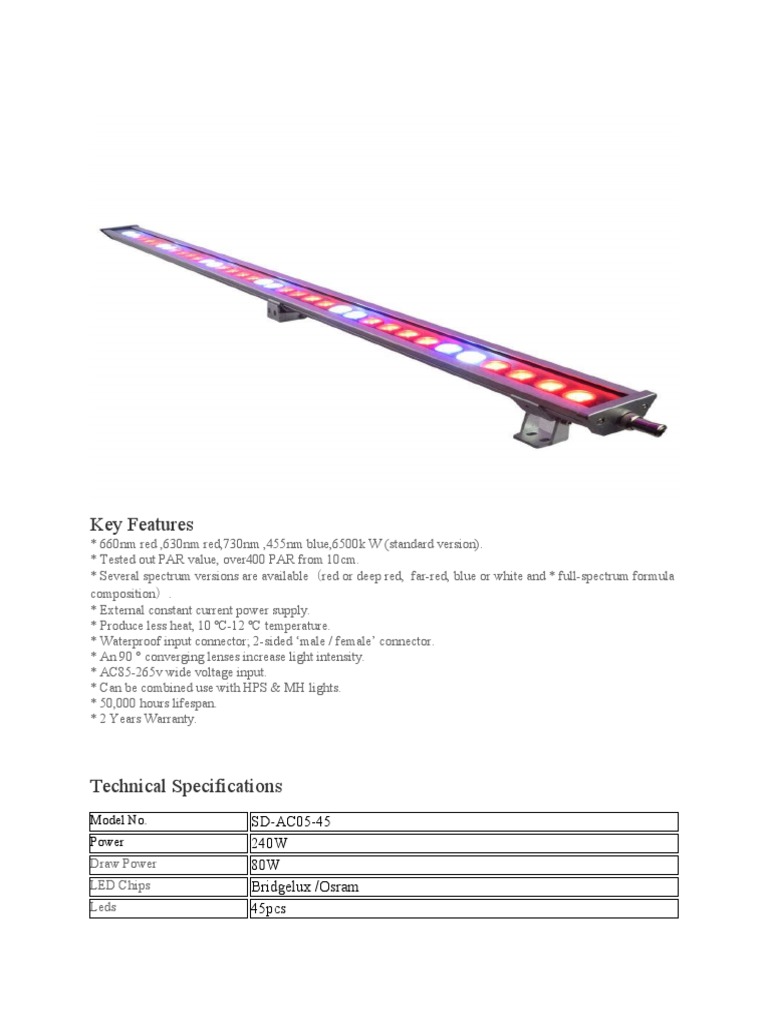 240W LED Grow Light Specifications | PDF
