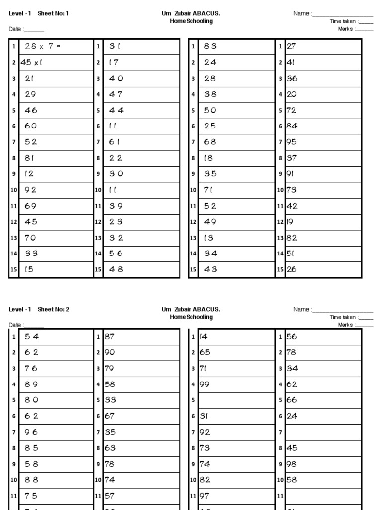 Level - 1 Sheet No: 1 Um Zubair Abacus. Homeschooling: Name | PDF