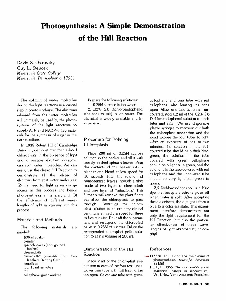 Photosynthesis: Simple Demonstration: A of Hill Reaction | PDF ...