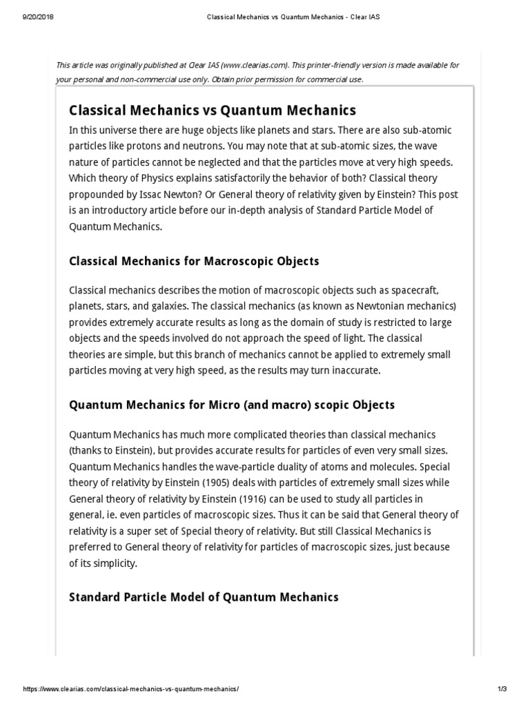 Classical Mechanics Vs Quantum Mechanics - Clear IAS | PDF | Mechanics ...