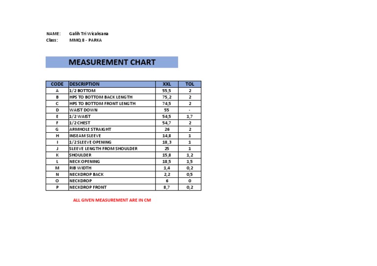 Measurement Chart: Code Description XXL TOL | PDF