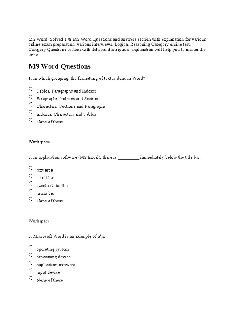 MS Word Questions and answers for online exams | PDF