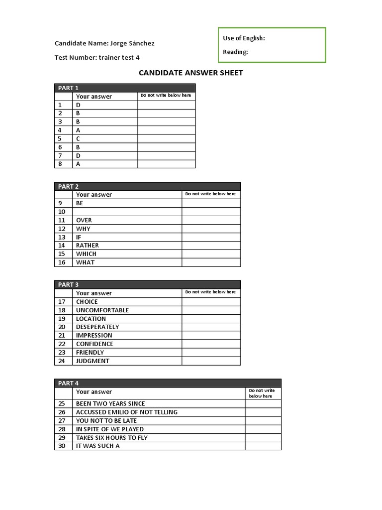 Answer Sheet B2 First TRAINER 4 | PDF