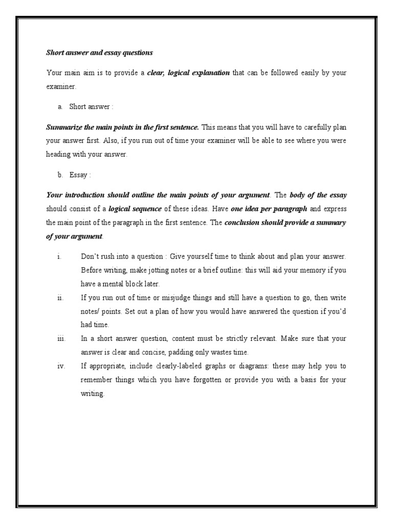 Short Answer and Essay Questions | PDF | Argument | Question