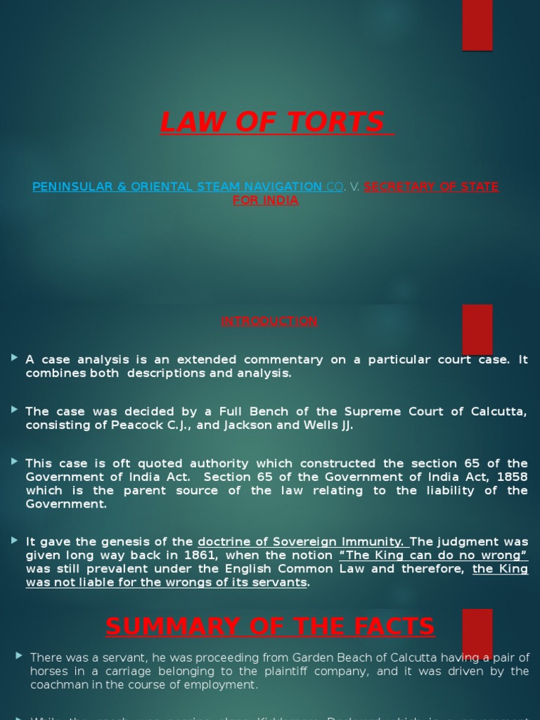 Law of Torts Case Analysis | PDF | Sovereign Immunity | Negligence
