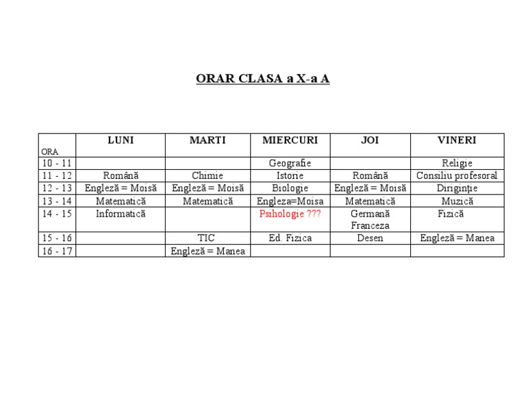 Orar Clasa A X-A A: Luni Marti Miercuri JOI Vineri | PDF