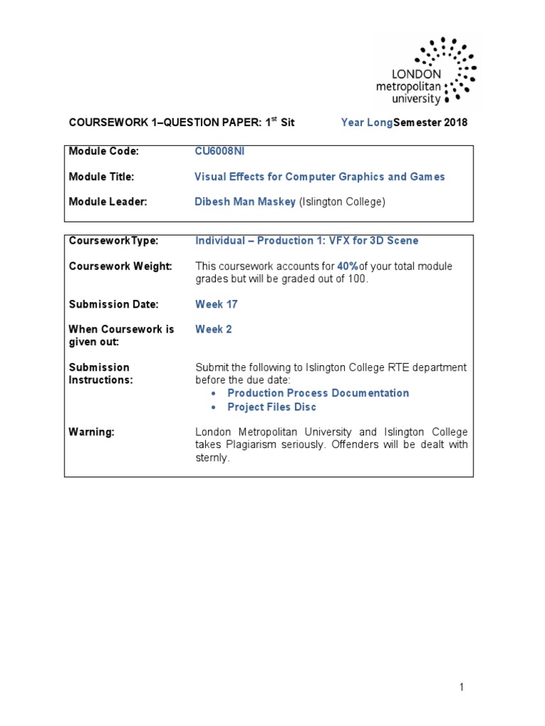 CU6008NI - Visual Effects For Computer Graphics and Games Y18 (1st Sit) - CW1 QP PDF | PDF ...