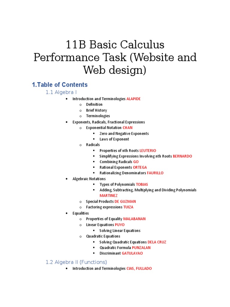 11B Basic Calculus Performance Task Table of Contents | PDF ...