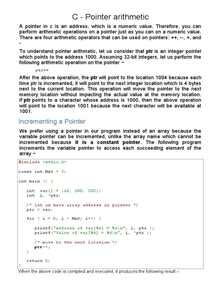 C Pointers Arithmetics Pdf Pointer Computer Programming Integer