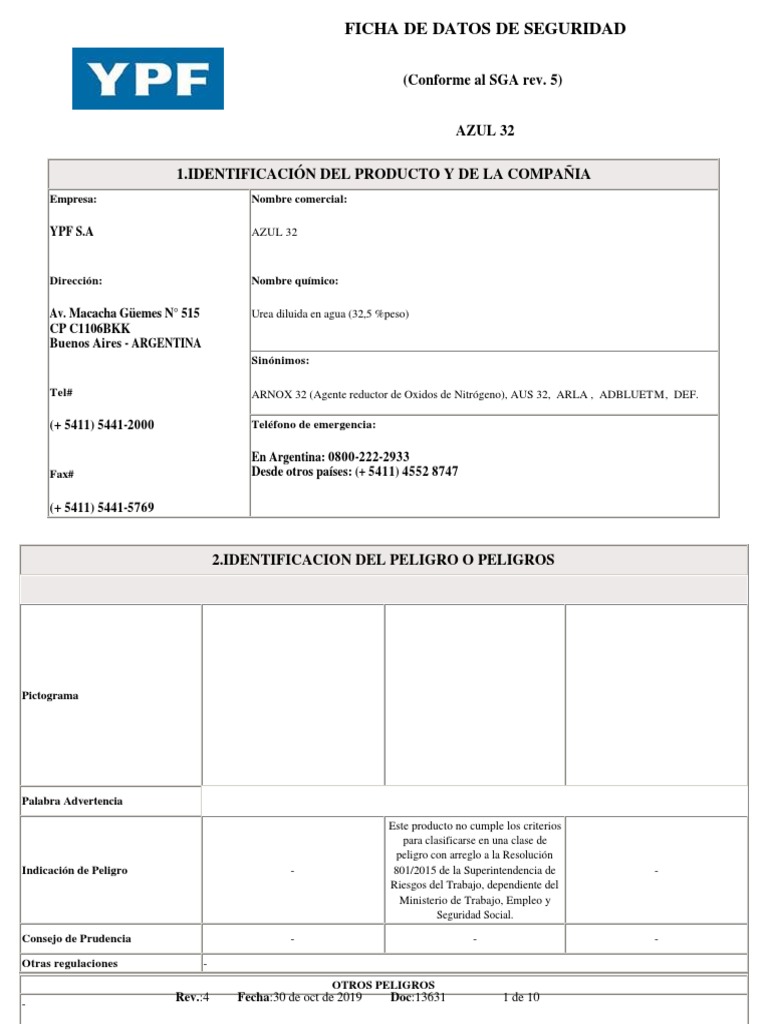 Ficha de Seguridad: Azul 32 YPF | PDF | Combustión | Agua