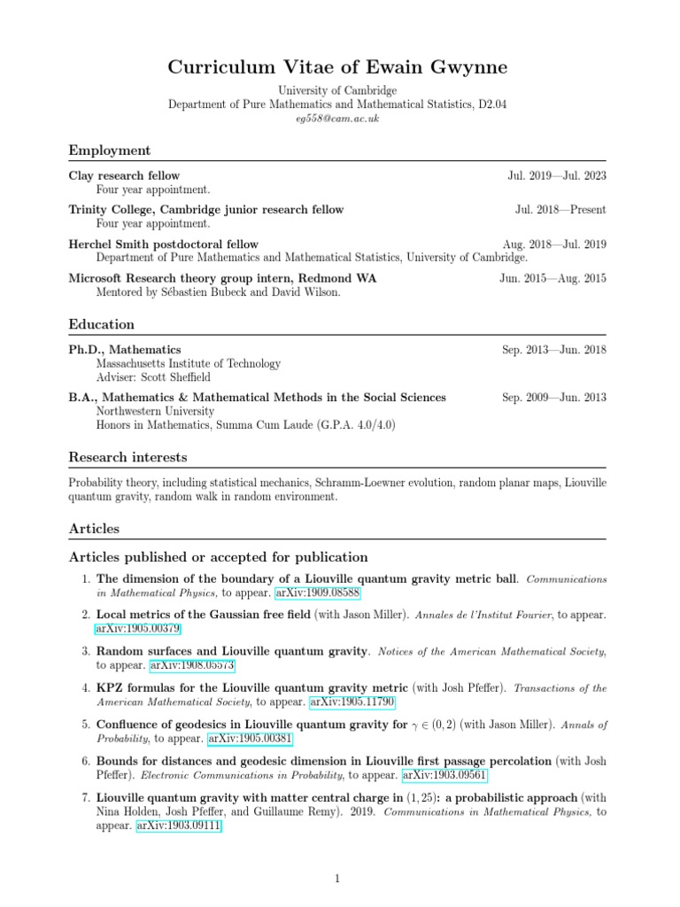 Curriculum Vitae of Ewain Gwynne: Employment | PDF | Integral ...