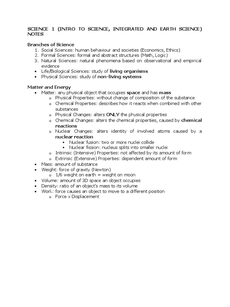 Science 1 (Intro To Science, Integrated and Earth Science) Notes ...