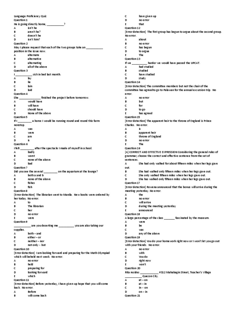 Language Proficiency Quiz under 40 characters | PDF | Syntax
