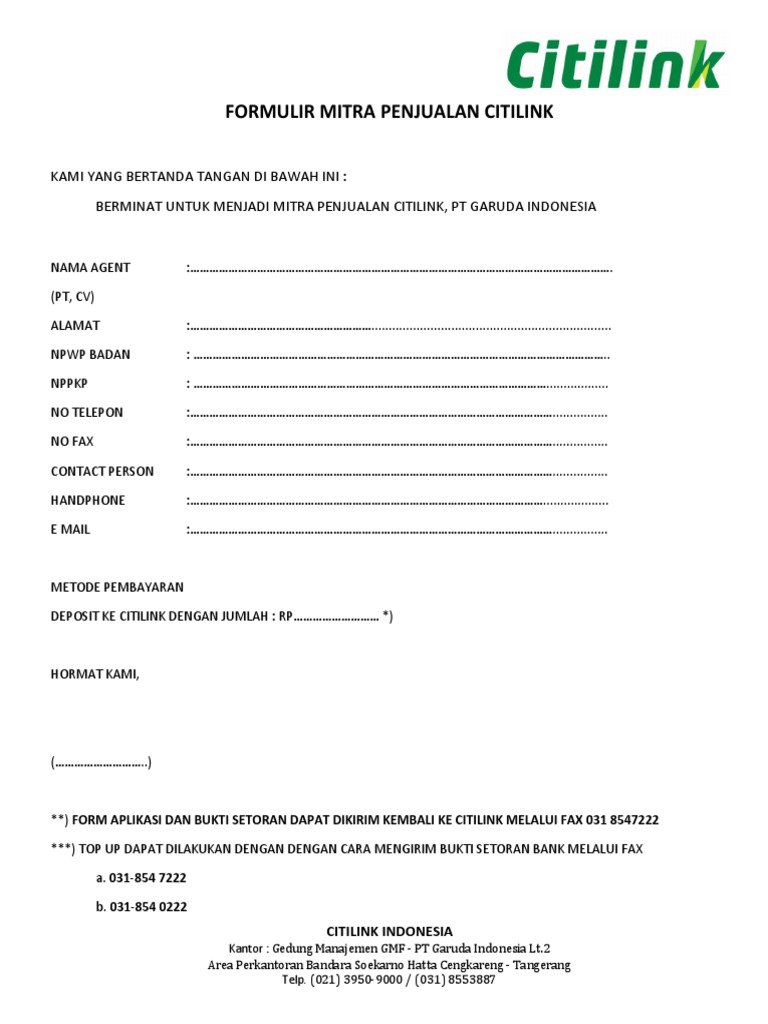 FORMULIR MITRA PENJUALAN CITILINK (New) | PDF