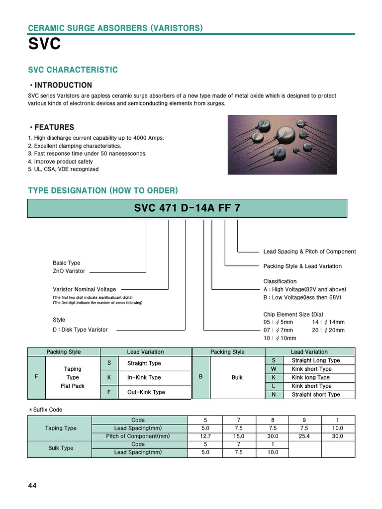 SVC 471 D-14A FF 7: Ceramic Surge Absorbers (Varistors) | PDF | Quantity | Power (Physics)