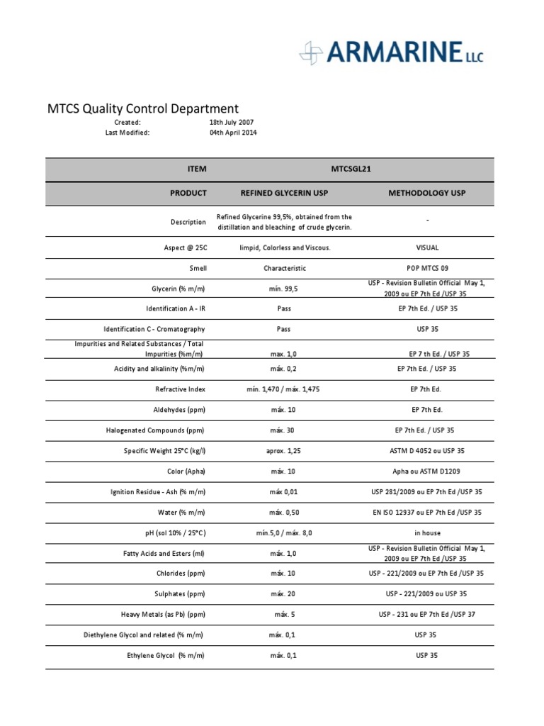 Gly Usp Grade | PDF | Glycerol | Chemical Elements
