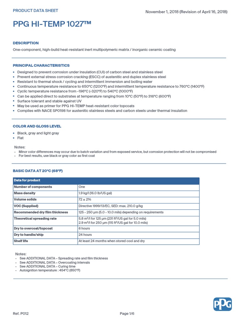 PPG HI-TEMP 1027™: Product Data Sheet | PDF | Stainless Steel | Materials