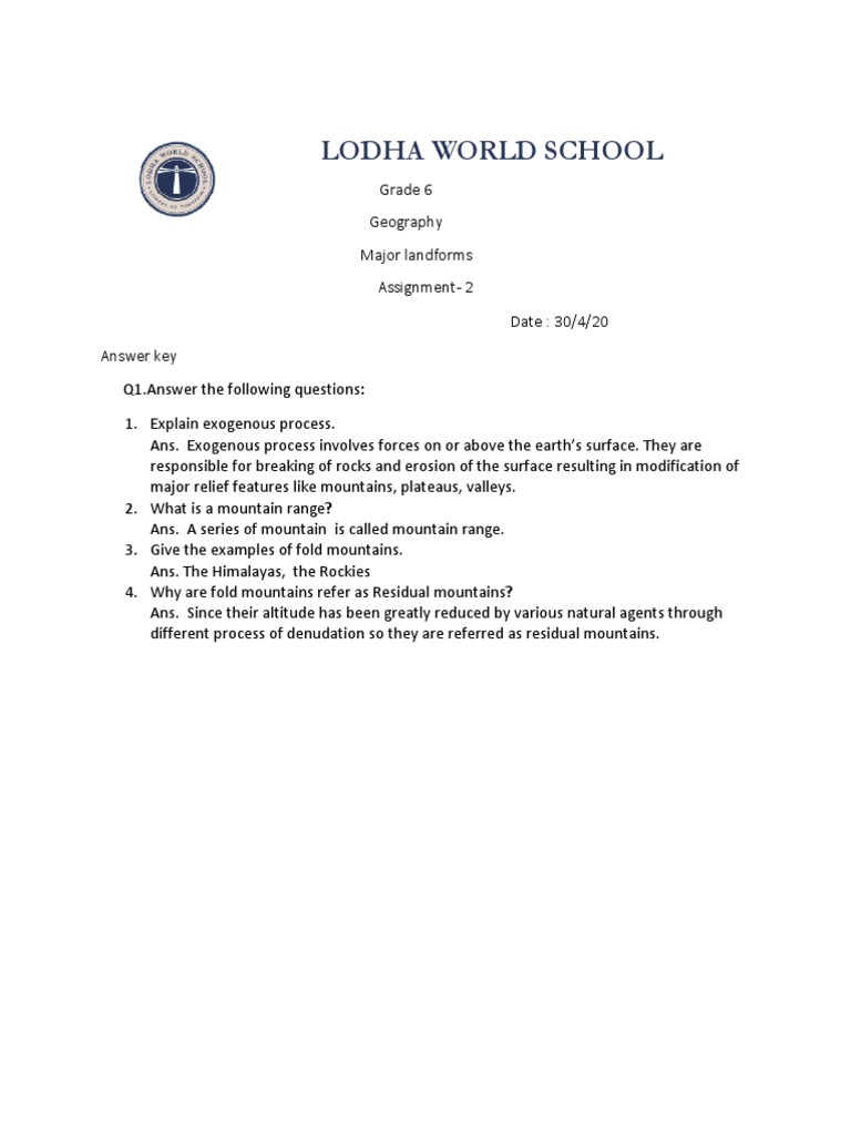 Answer Key Geography Major Landforms Part 2 PDF | PDF