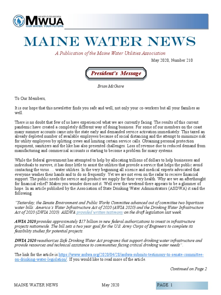 Maine Water News: A Publication of The Maine Water Utilities ...