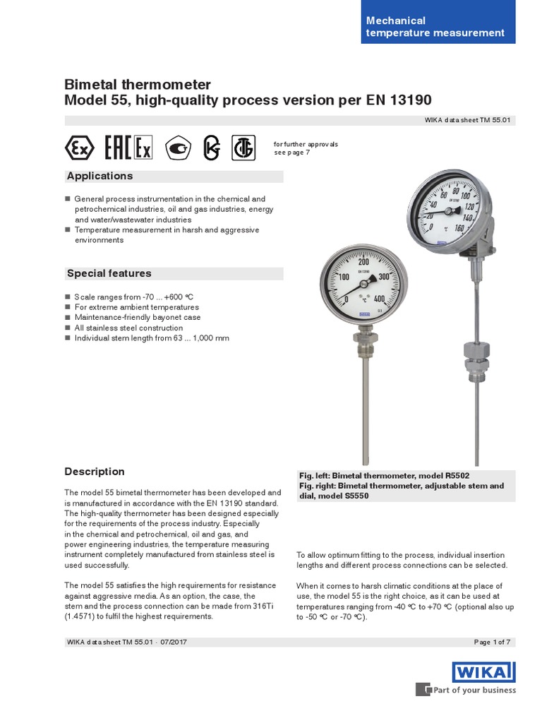Bimetal Thermometer Model 55, High-Quality Process Version Per EN 13190 ...
