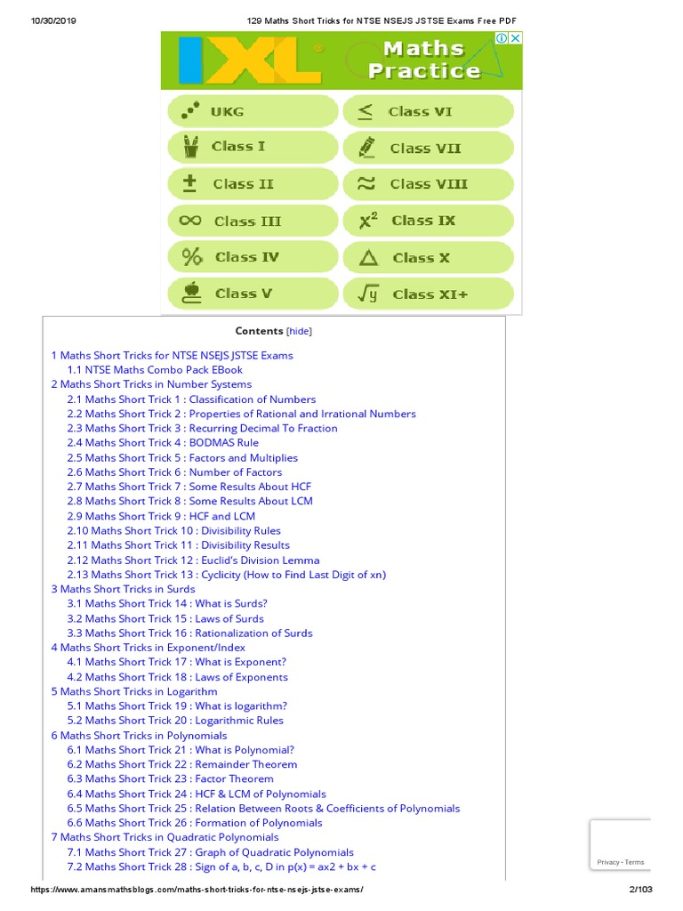 129 MATHS SHORT TRICKS FOR NTSE, NSEJS, JSTSE, Exams PDF | PDF | Area | Quadratic Equation