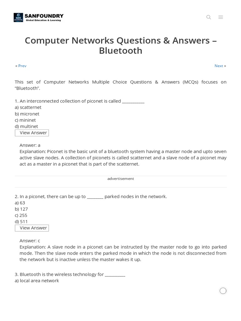 Bluetooth - Computer Networks Questions & Answers - Sanfoundrywith Answers | PDF | Bluetooth ...