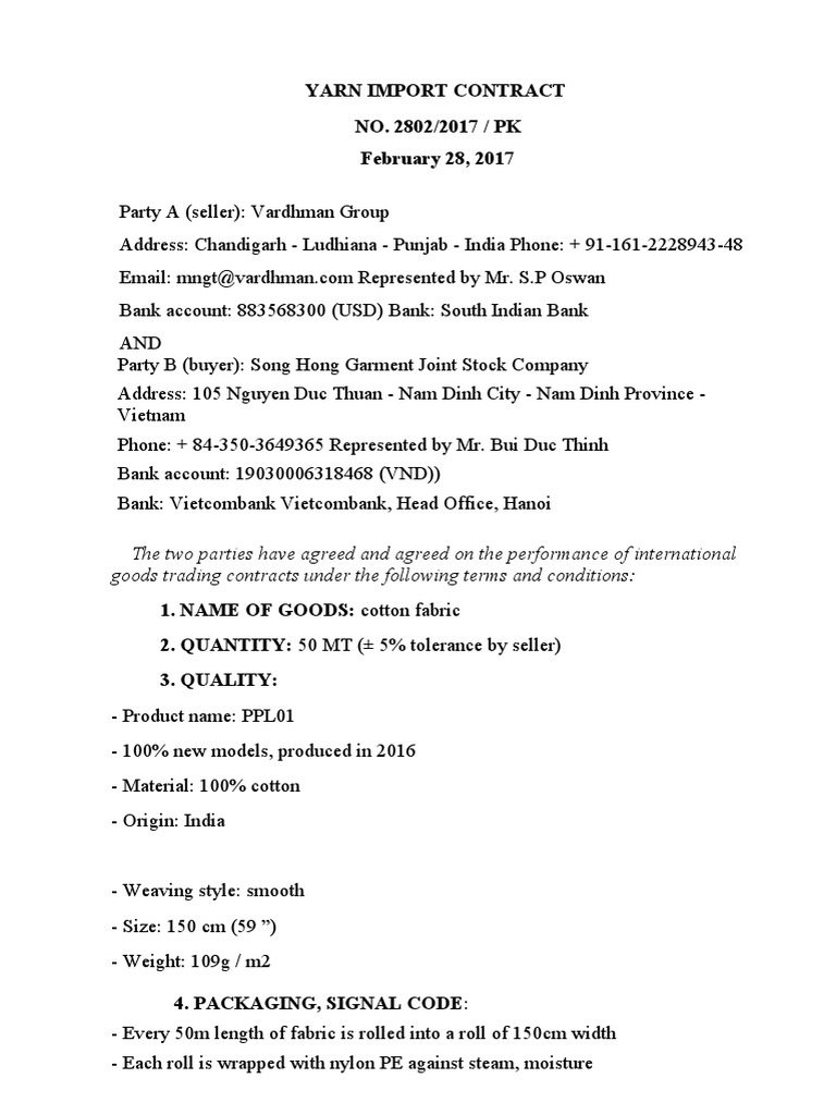 Yarn Import Contract NO. 2802/2017 / PK February 28, 2017 | PDF ...