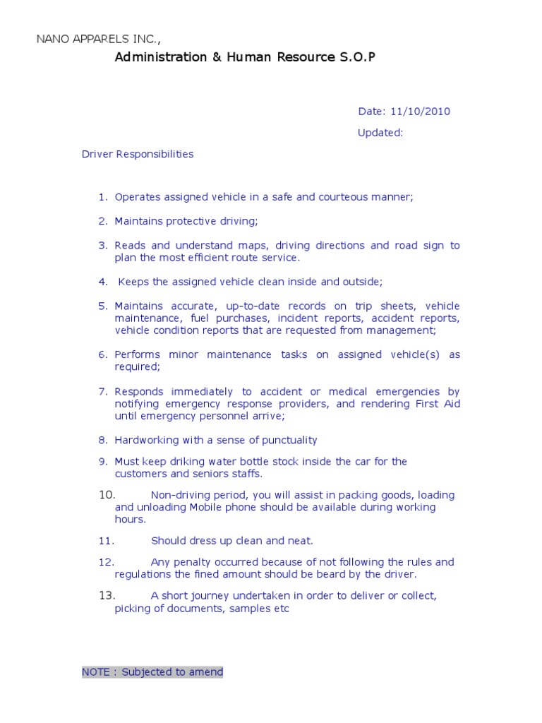 Driver SOP | PDF | Business